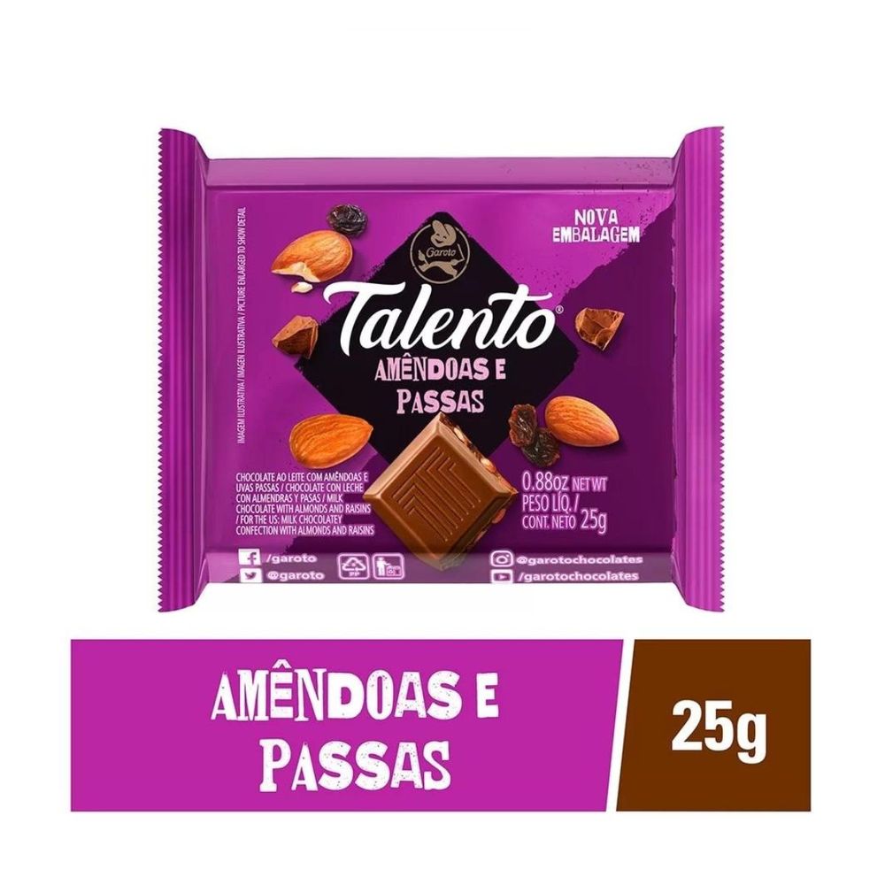 TABLETE TALENTO 25G AMÊNDOAS/PASSAS - lavagnoli